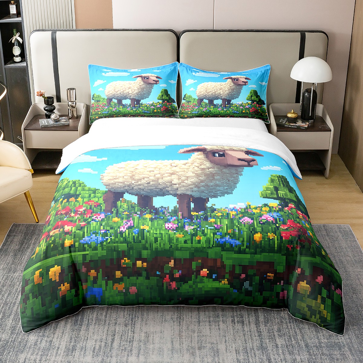 100% Cotton Cute Sheep Bedding Set King Pixel Style Farm Animals Duvet ...