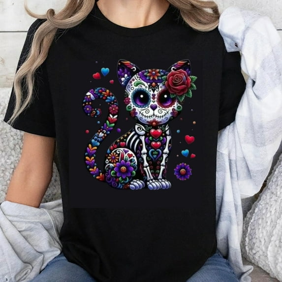 100% Cotton Day of the Dead Cat Sugar Skull Art Women's T-Shirt ...