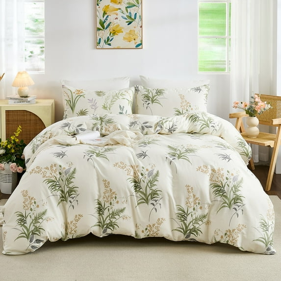 100% Cotton Duvet Cover Chic Shabby Botanical Green Floral Bedding Set ...