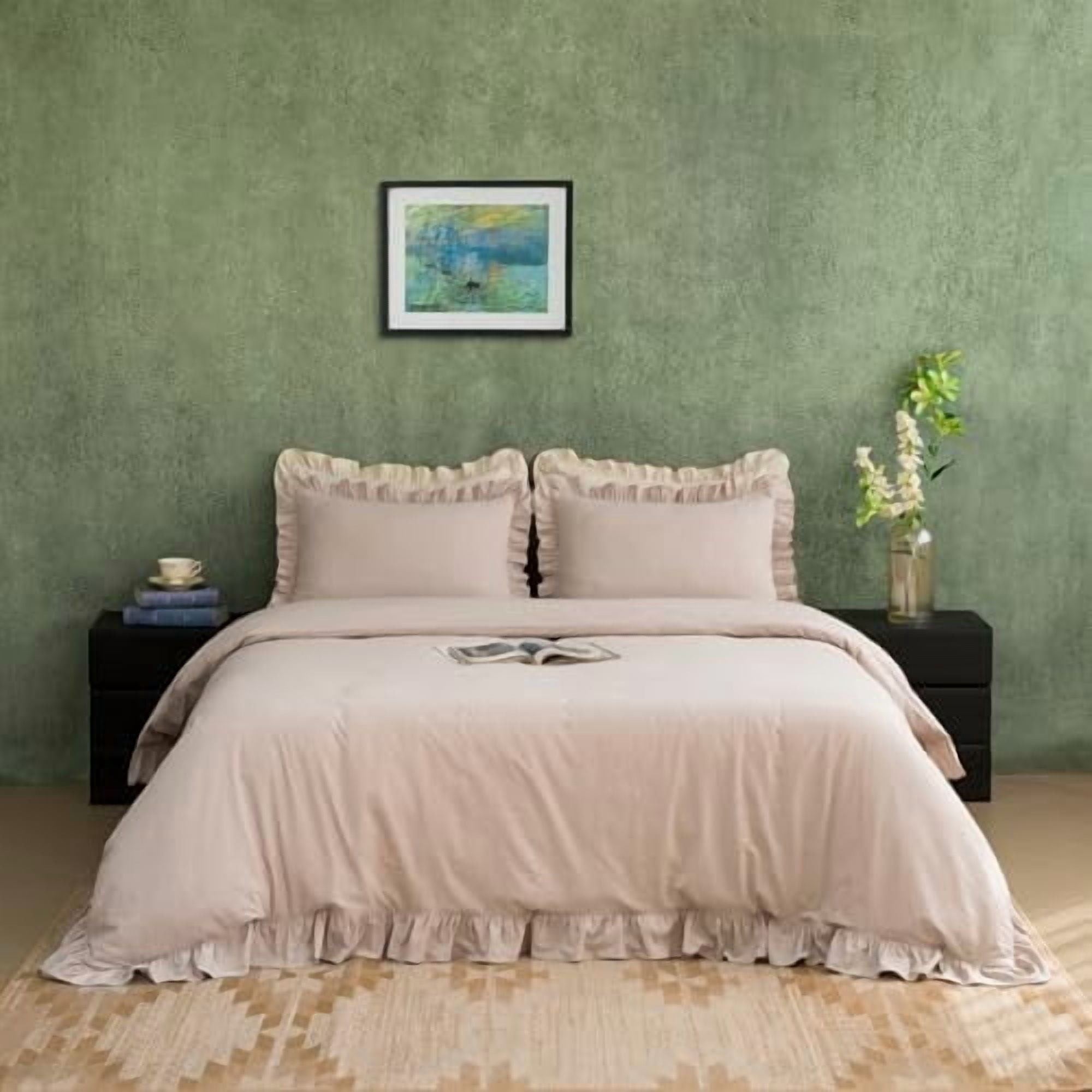 100% Cotton Duvet Cover Set with Ruffle Edge Natural Vintage Victorian ...