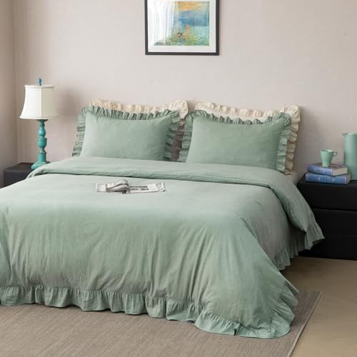 100% Cotton Duvet Cover Set with Ruffle Edge Natural Vintage Victorian ...