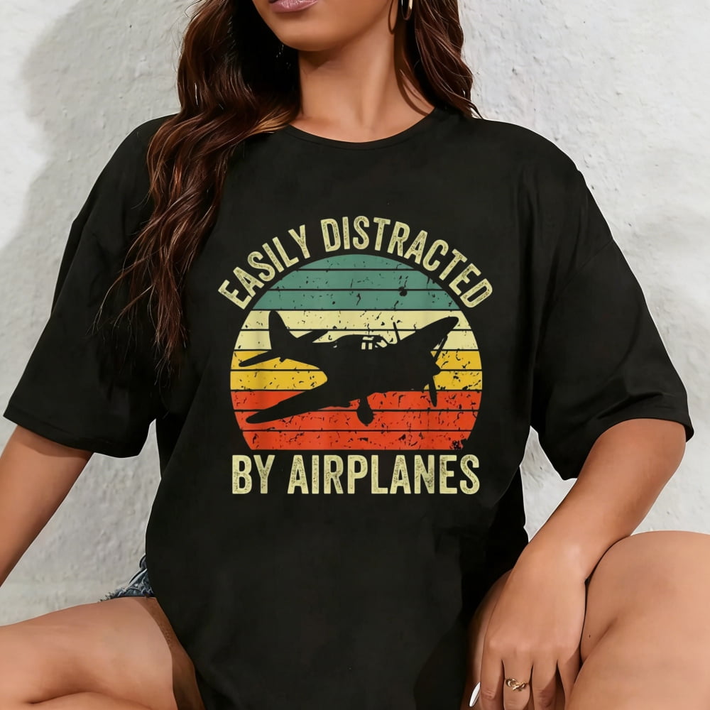 100% Cotton Easily Distracted by Airplanes Lover Pilot Funny Aviation T ...
