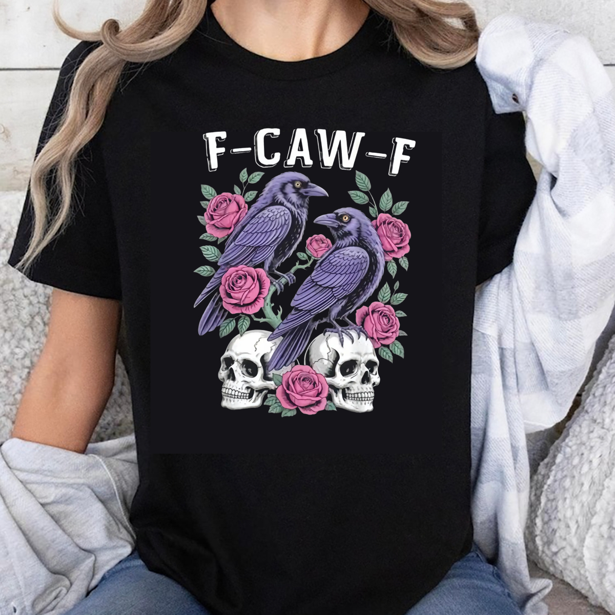 100% Cotton F Caw F Raven Skull Rose Gothic Horror Women T Shirt Black ...