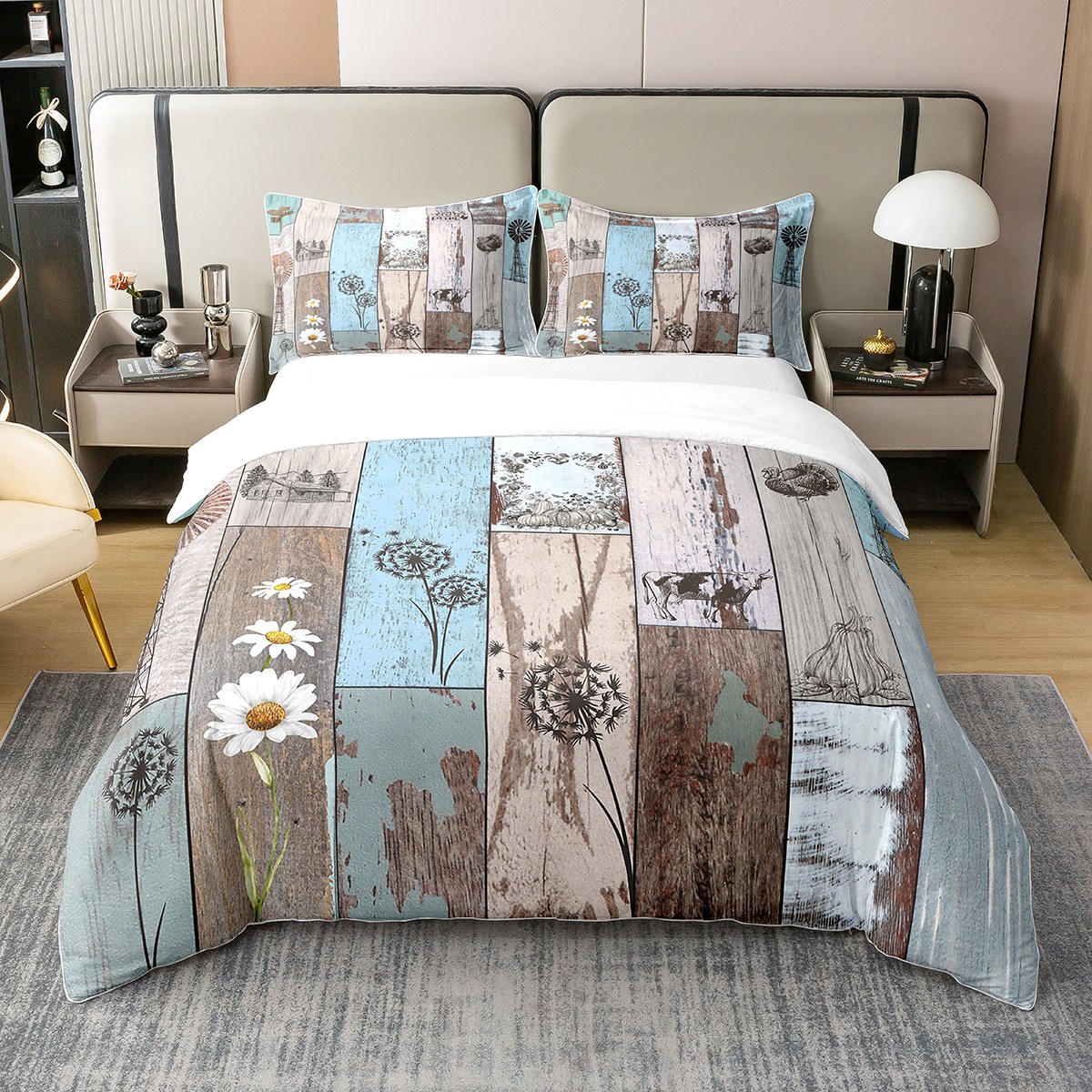 100% Cotton Farmhouse Duvet Cover Queen,Vintage Country Rustic Bedding ...