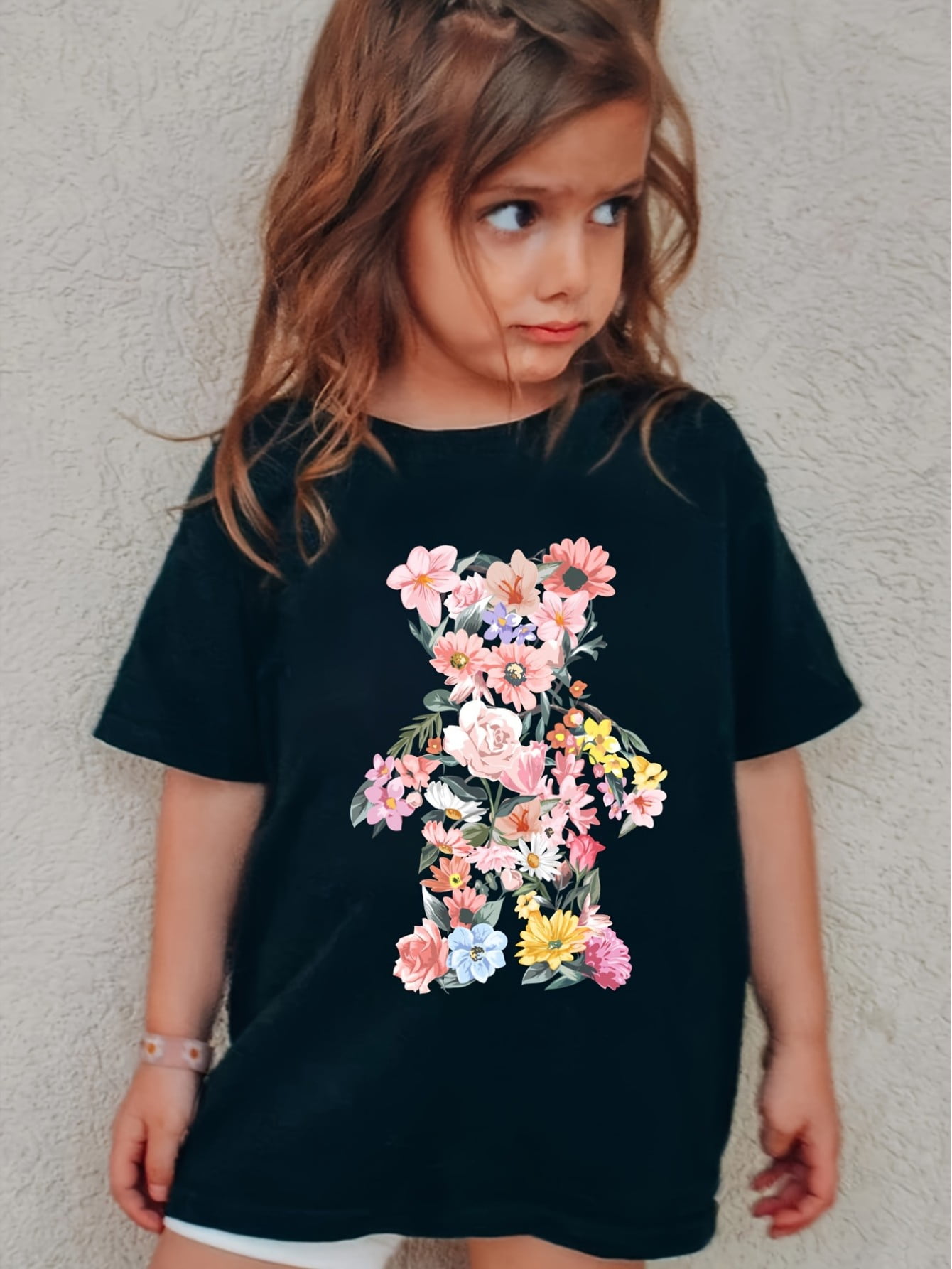 100% Cotton Fashion Girls' T-Shirt with Cute Cartoon Flower Bear Print ...