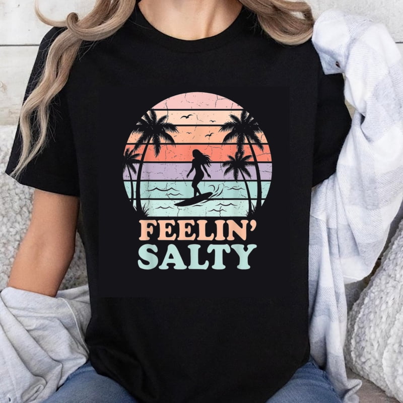 100% Cotton Feelin Salty Surfing Sunset Palm Tree Vintage Summer Beach ...