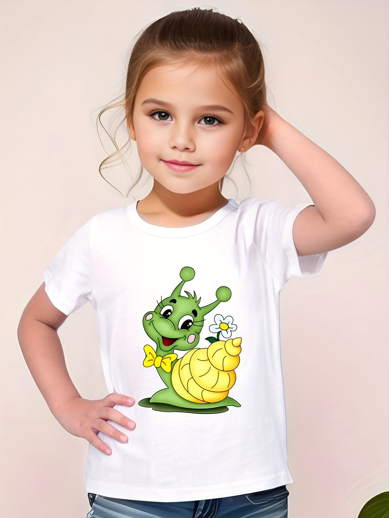 100% Cotton, Flora Snail Print Short Sleeve T-shirt, Casual & Versatile ...