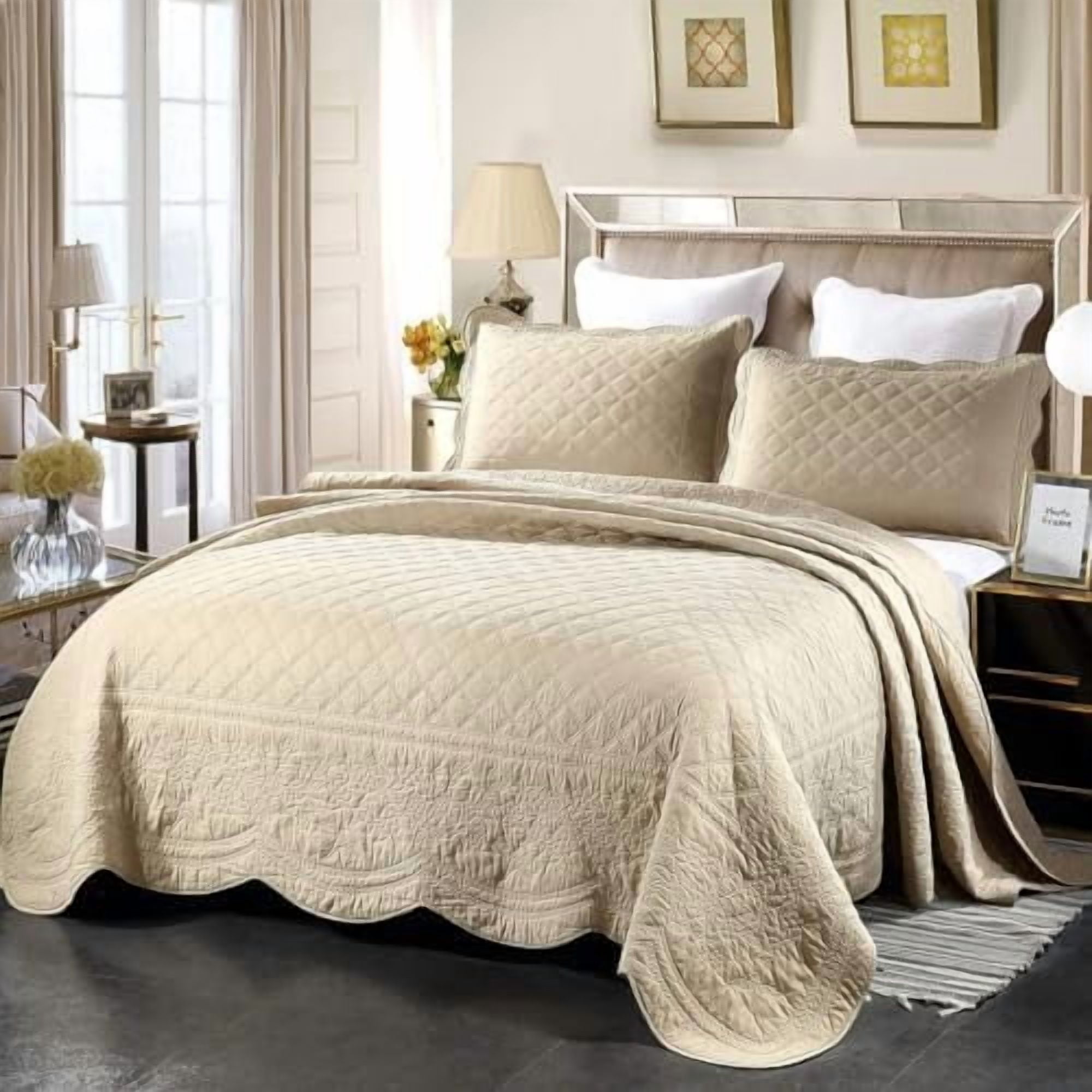 100% Cotton Floral Embroidered Quilt Set 3-Piece King Size Reversible ...