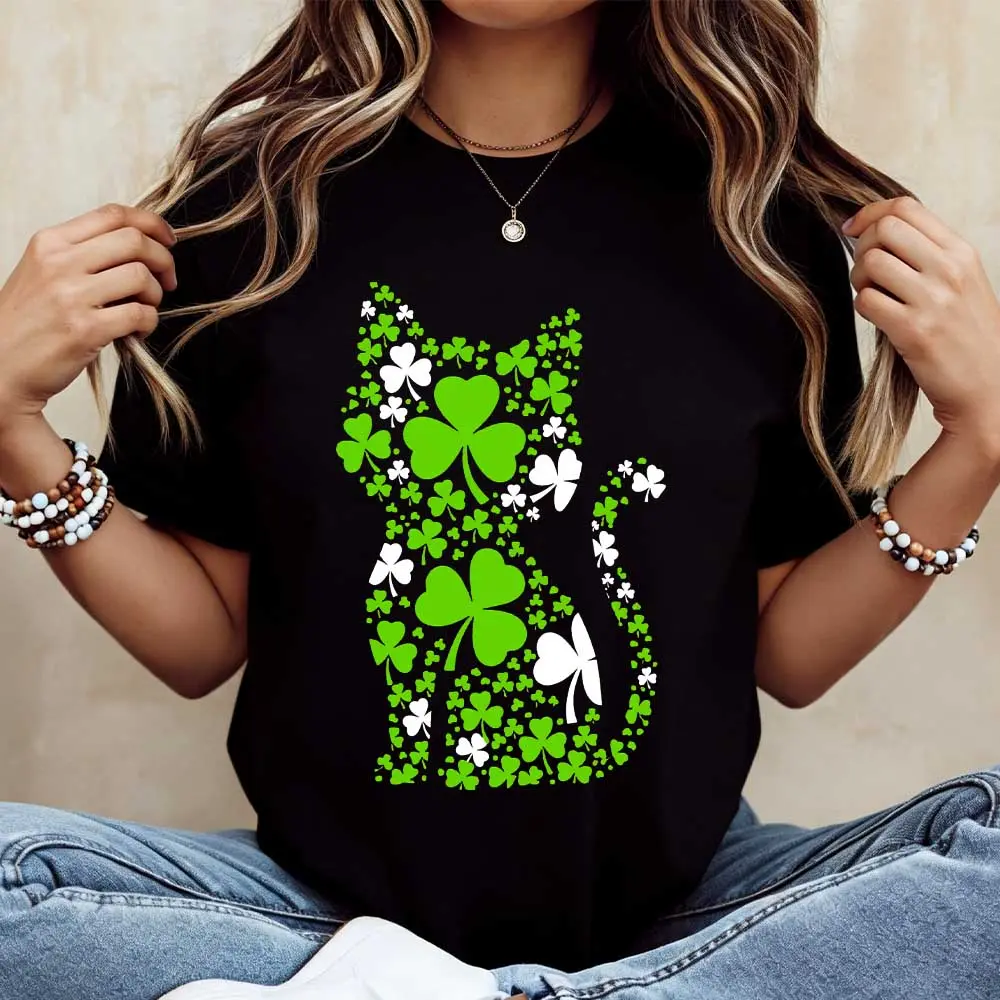 100% Cotton Four Leaf Clover Cat Print T Shirt White Crewneck Casual ...