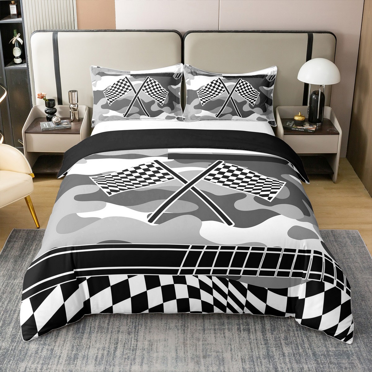 100% Cotton Full Comforter Cover for Boys Racing Flag Bedding Sets for ...