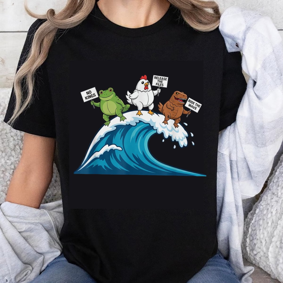 100% Cotton Funny Animal Surfing Wave T-Shirt with Frog Chicken and ...
