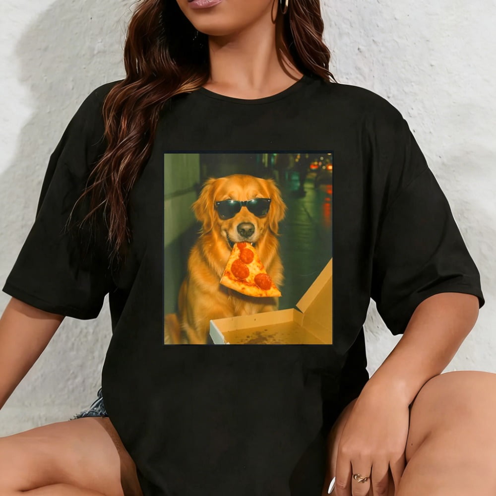 100% Cotton Funny Golden Retriever Dog Eating Pizza Meme Retro T-Shirt ...