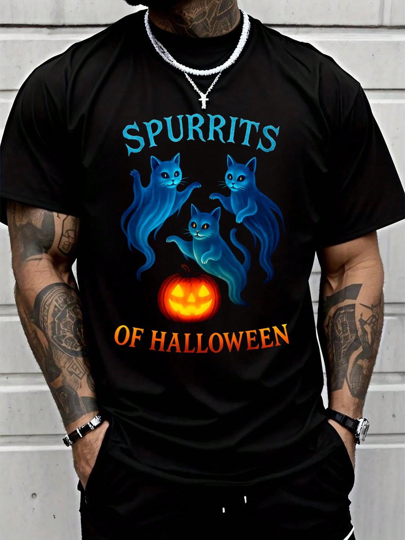 100% Cotton Funny Lovers Spurrits Of Halloween Ghost Cats T-Shirt ...