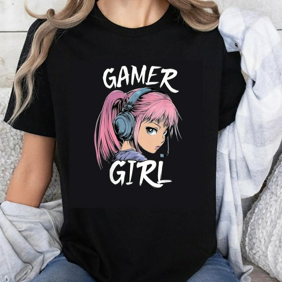 100% Cotton Gamer Girl Anime Character Pink Hair Headphones Gaming ...