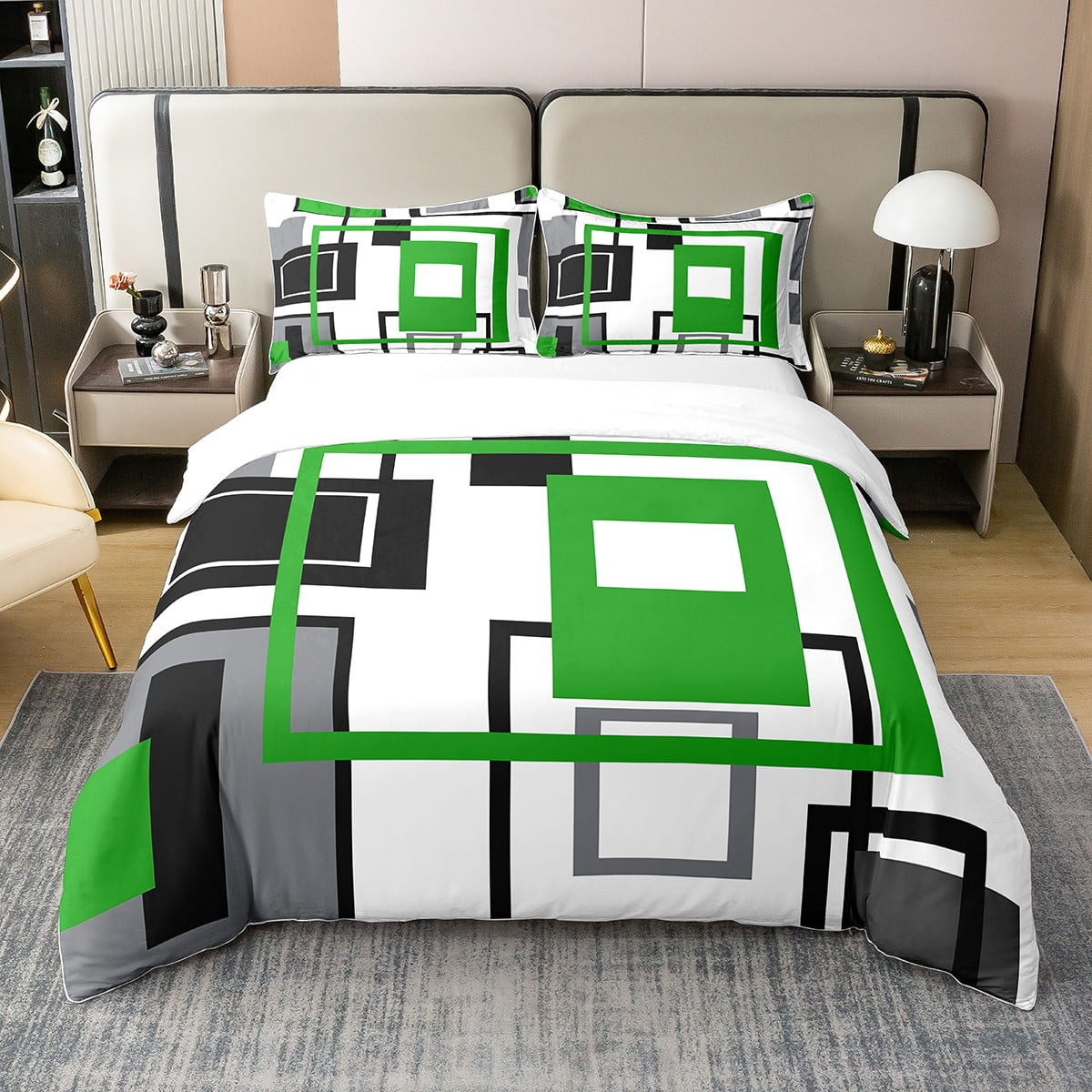 100% Cotton Geometric Square Bedding Set Black White Lime Green Grey ...