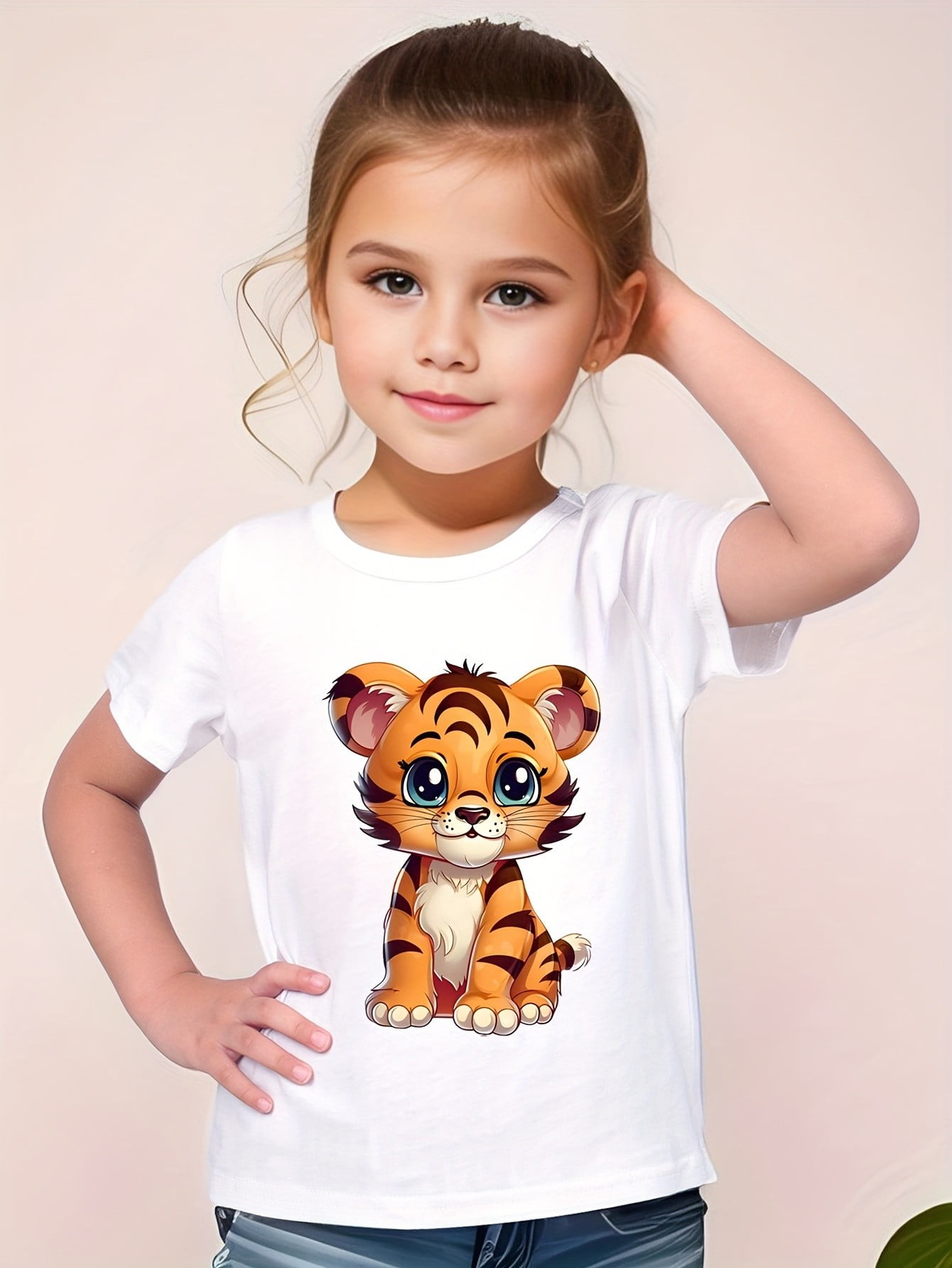 100% Cotton Girls Cute Baby Tiger Crew Neck Short Sleeve T-shirt For ...