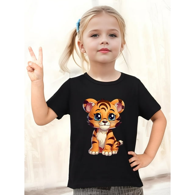 100% Cotton Girls Cute Baby Tiger Crew Neck Short Sleeve T-shirt For ...