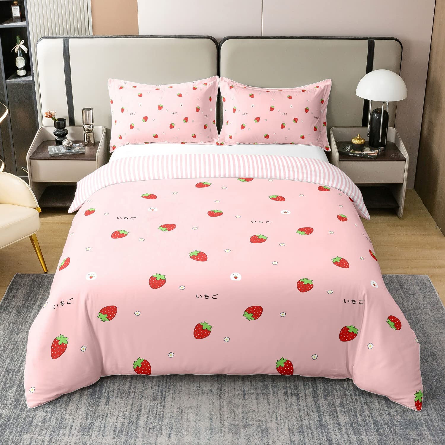 100% Cotton Girls Strawberry Bedding Set Full Kawaii Strawberry Duvet ...