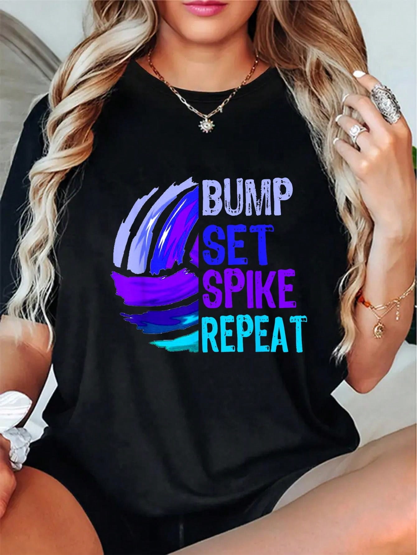 100% Cotton Girls Volleyball Bump Set Spike Repeat Blue/Purple T-Shirt ...