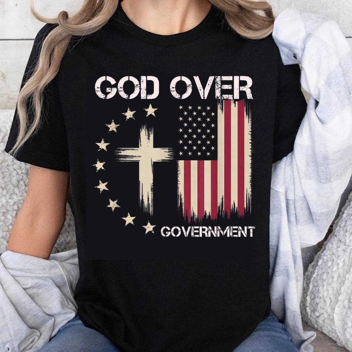 100% Cotton God Over Government USA Flag Cross Christian Patriotic T ...
