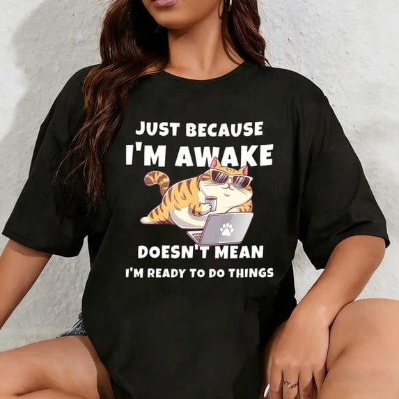 100% Cotton Graphic T Shirts for Women, Cartoon Cat Funny Text Cotton ...