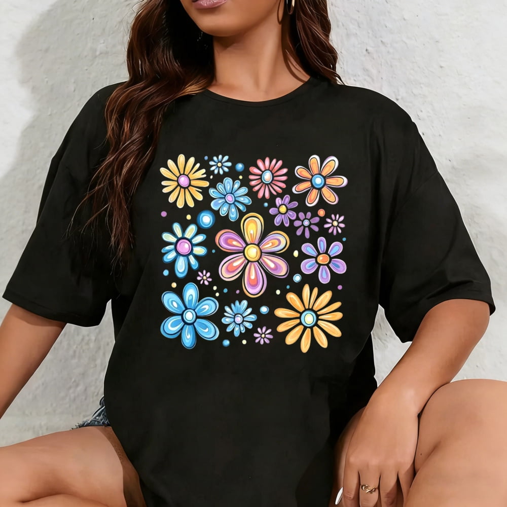 100% Cotton Graphic T Shirts for Women, Colored Floral Cotton Girls ...