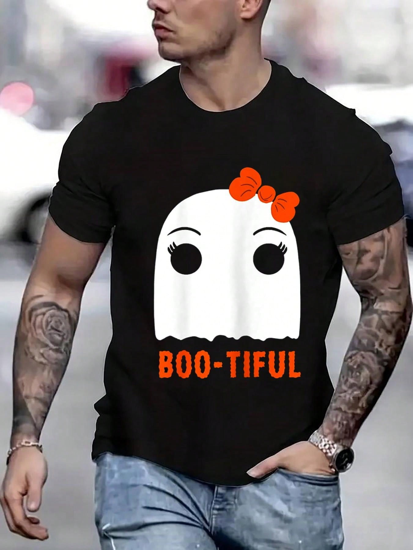 100 Cotton Graphic Tees CUTE GHOST-TIFUL Graphic Scary Funny Vintage Halloween T-Shirt Crew Neck ...