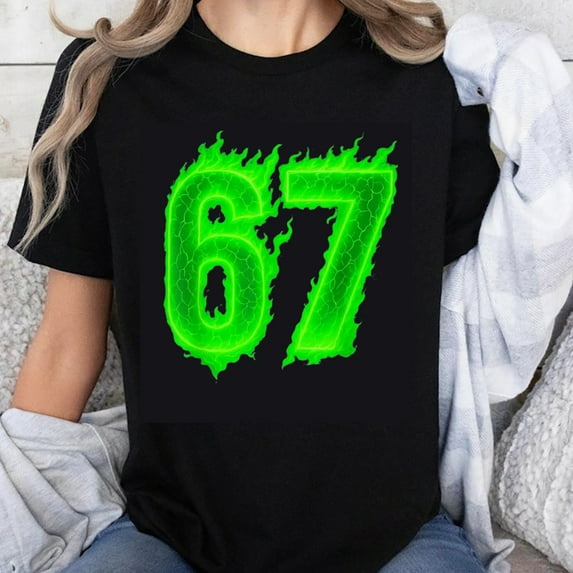 100% Cotton Green Flame Number 67 Design Unisex Casual Graphic Tee T ...