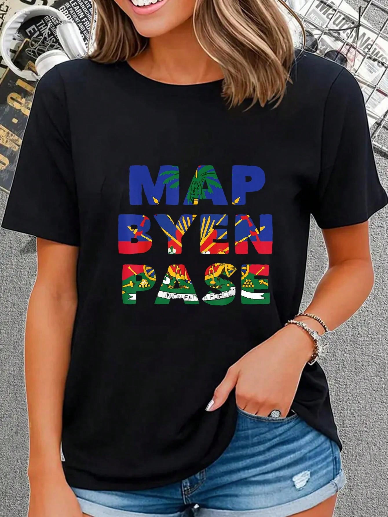 100% Cotton Haiti Haitian Flag Love Map Byen Pase Ayiti Proud T-Shirt ...