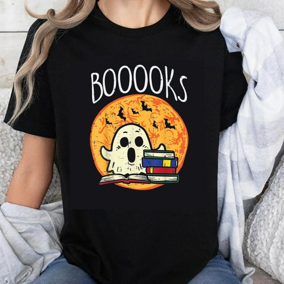100% Cotton Halloween Ghost Reading Books T-Shirt for Women, Funny ...