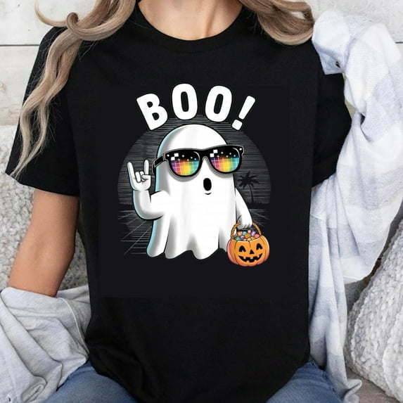 100% Cotton Halloween Ghost T-Shirt with Sunglasses and Candy Bucket ...