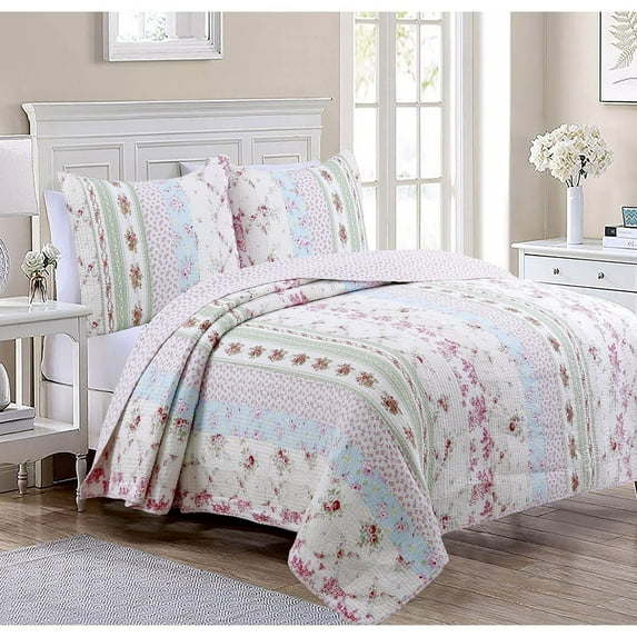 100 Cotton Hand Pieced Patchwork Pastel Floral Pink Quilt Bedding Set ...