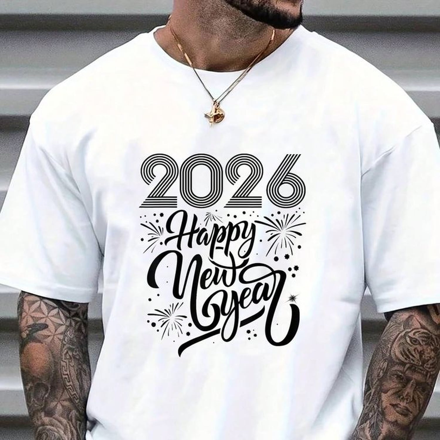 100% Cotton Happy New Year 2026 Fireworks T-S1Hirt Street Hip-Hop ...