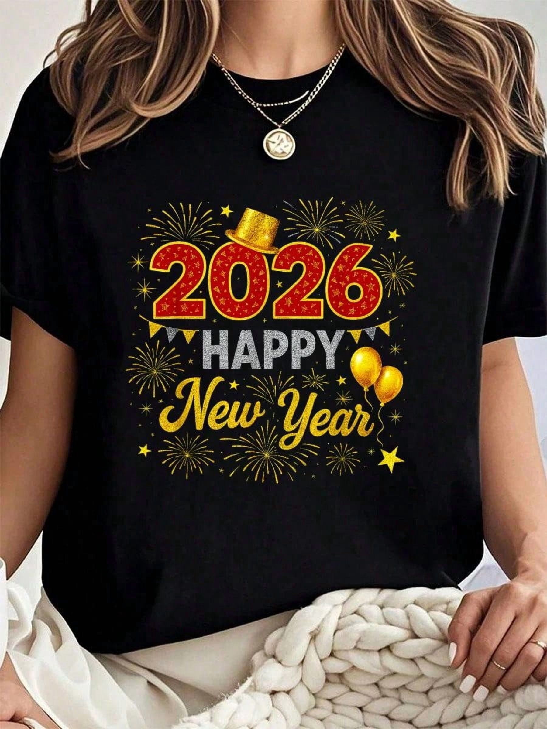 100% Cotton Happy New Year 2026 Fireworks T-Shirt Summer Tees Women ...