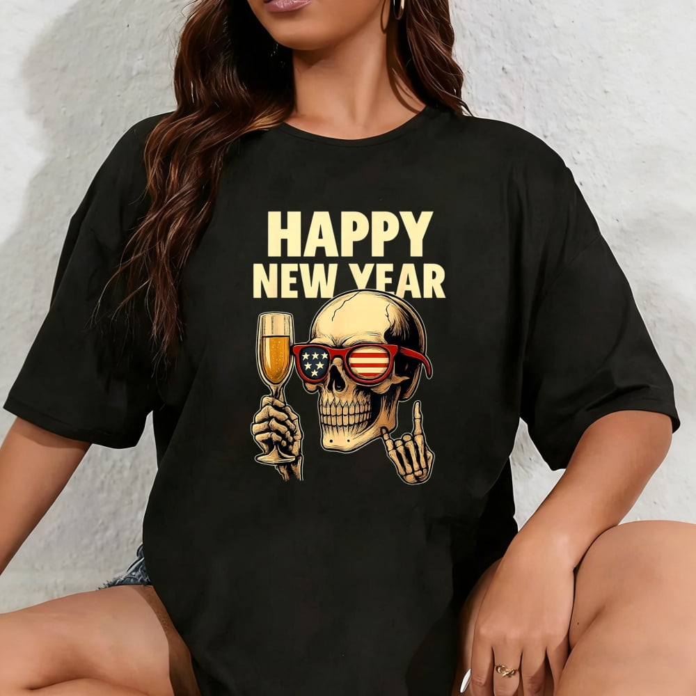 100% Cotton Happy New Year Skeleton Cheers Celebration Print T-Shirt ...