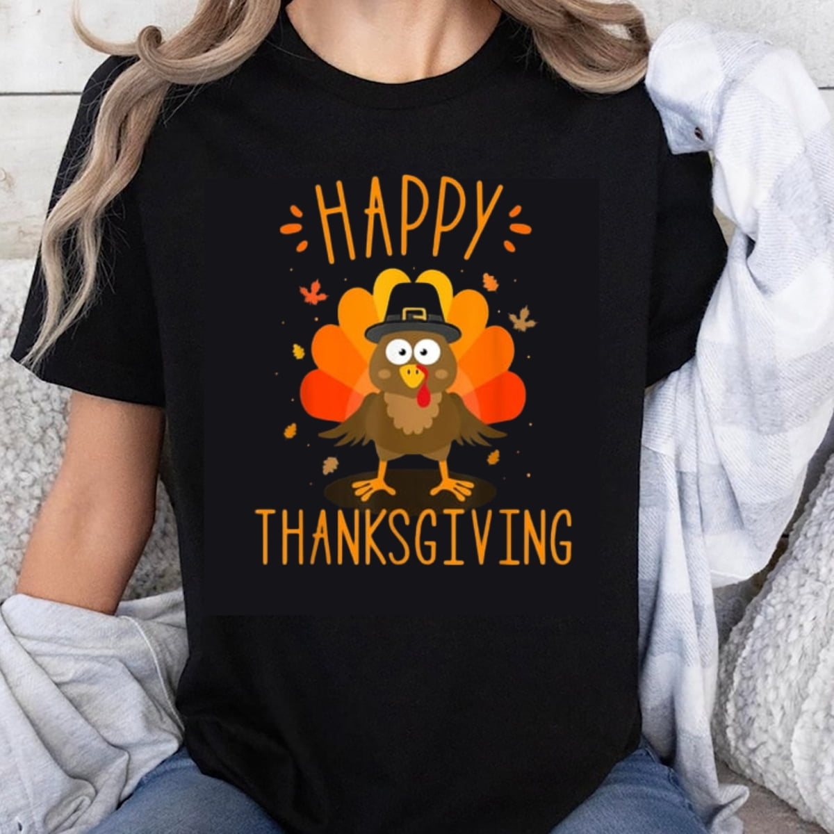 100% Cotton Happy Thanksgiving Turkey Cartoon T-Shirt Women Fall ...