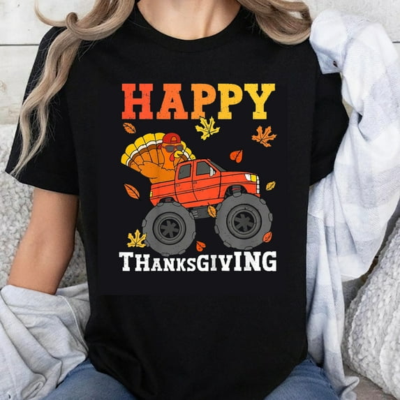 100% Cotton Happy Thanksgiving Turkey Monster Truck T-Shirt Fall ...