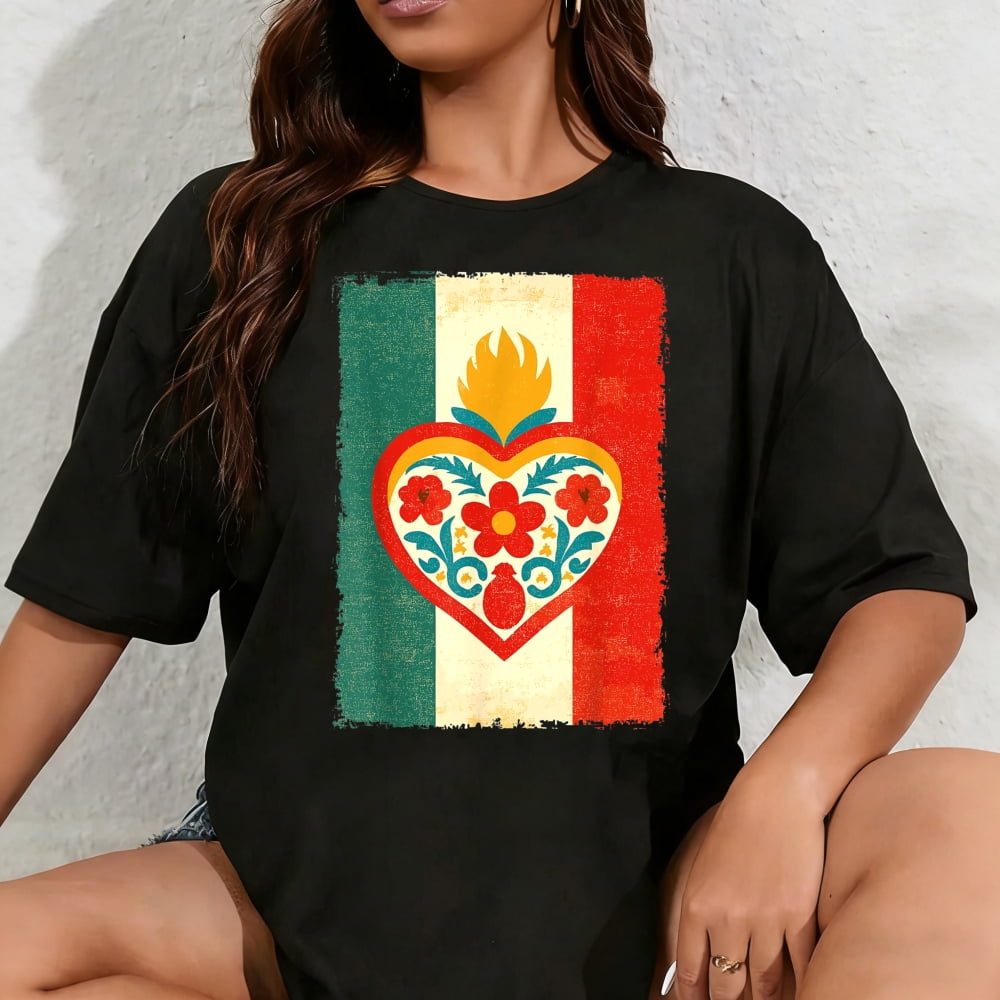 100% Cotton Hispanic Heritage Mexican Folk Art Heart Flame Vintage T ...