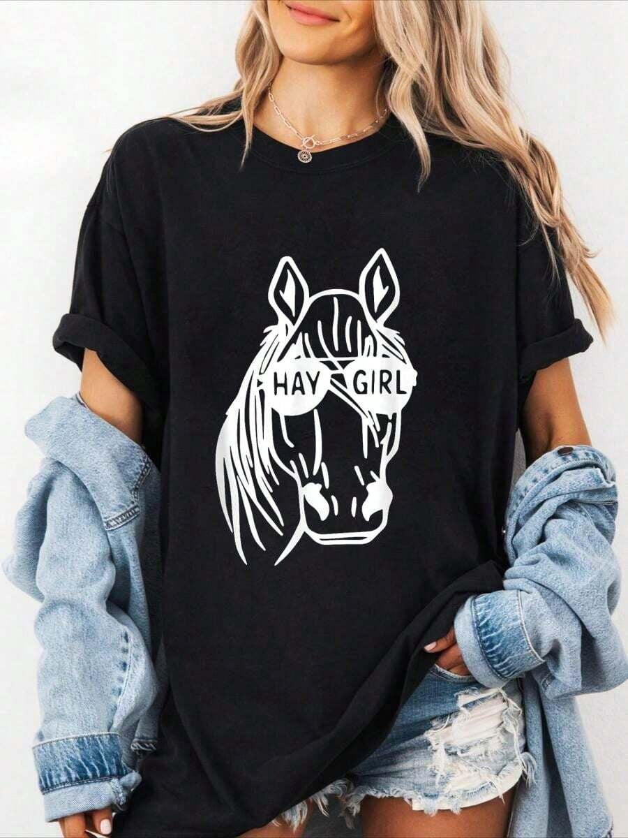 100% Cotton Horse Riding Cowgirl Farming Mare Lovers Womens Hay Girl T ...