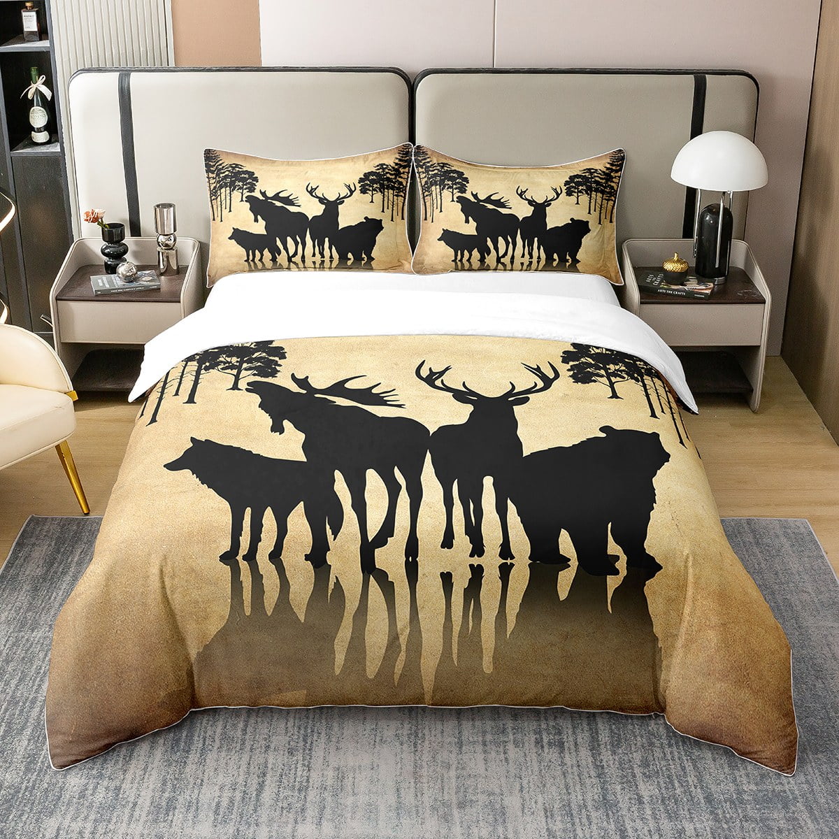 100% Cotton Hunting Bear Deer Comforter Cover Queen Size, Retro Rustic ...