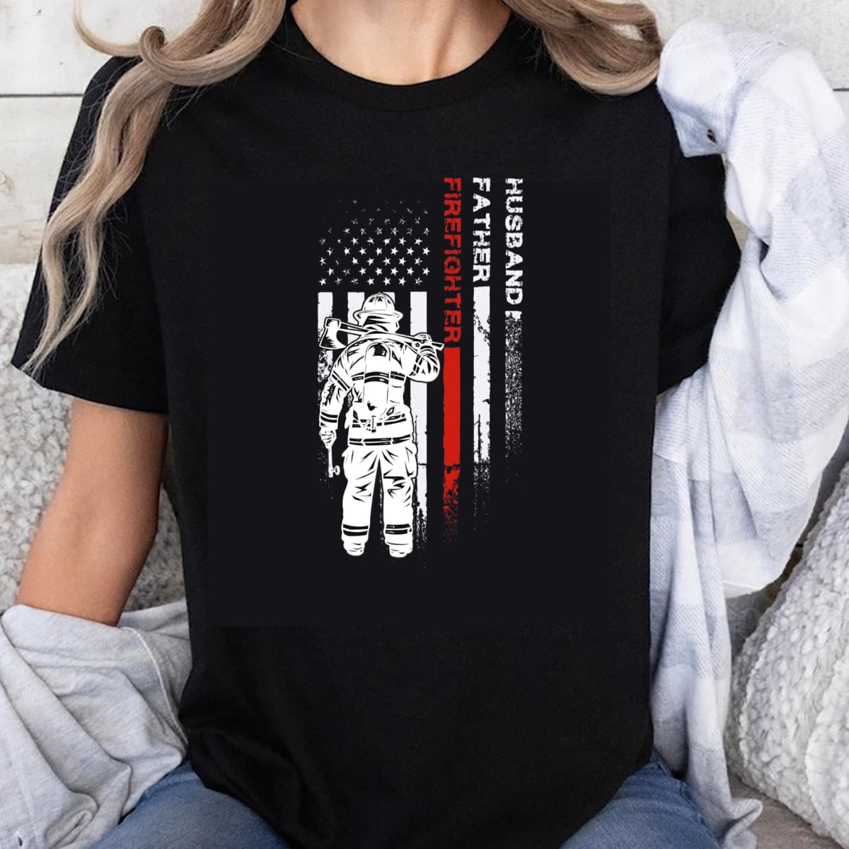 100% Cotton Husband Father Firefighter T-Shirt, American Flag Fire ...