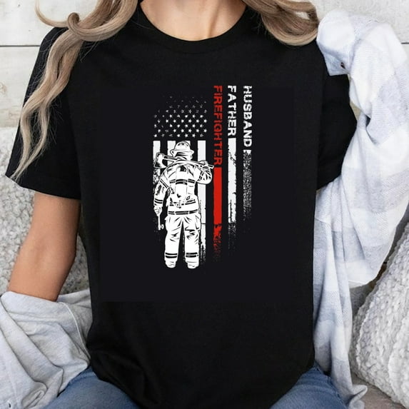 100% Cotton Husband Father Firefighter T-Shirt, American Flag Fire ...