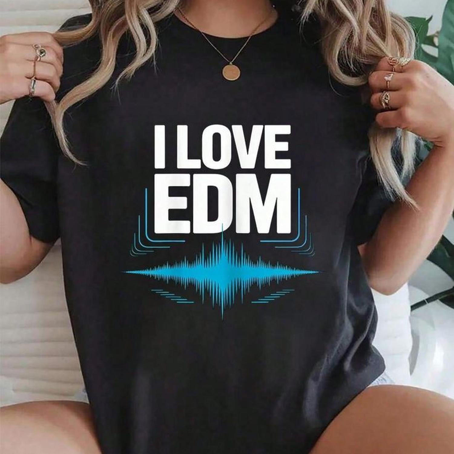 100% Cotton I Love EDM Music Waveform T-Shirt Print Crew Neck Casual T ...