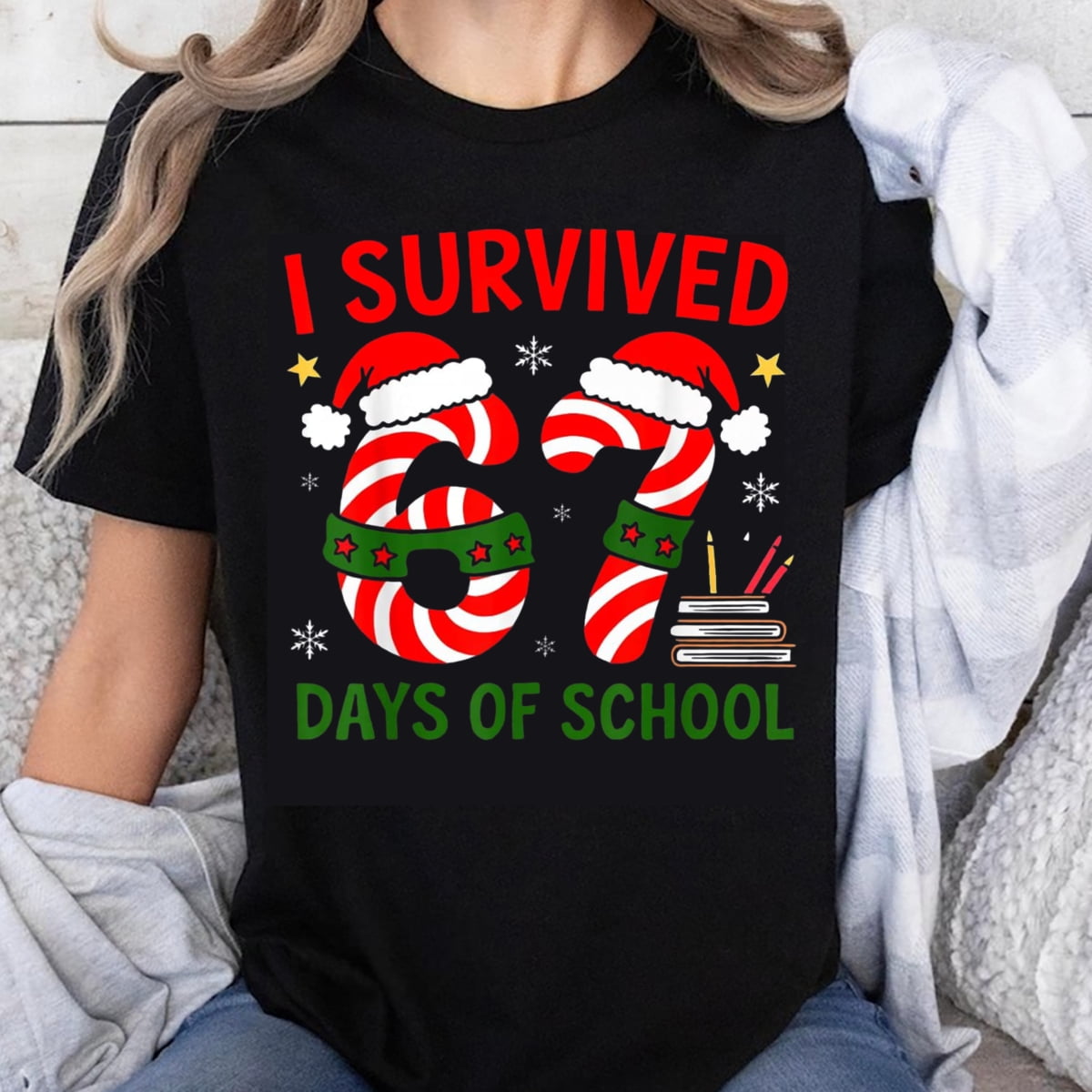 100% Cotton I Survived 67 Days Of School Christmas Candy Cane Santa Hat ...