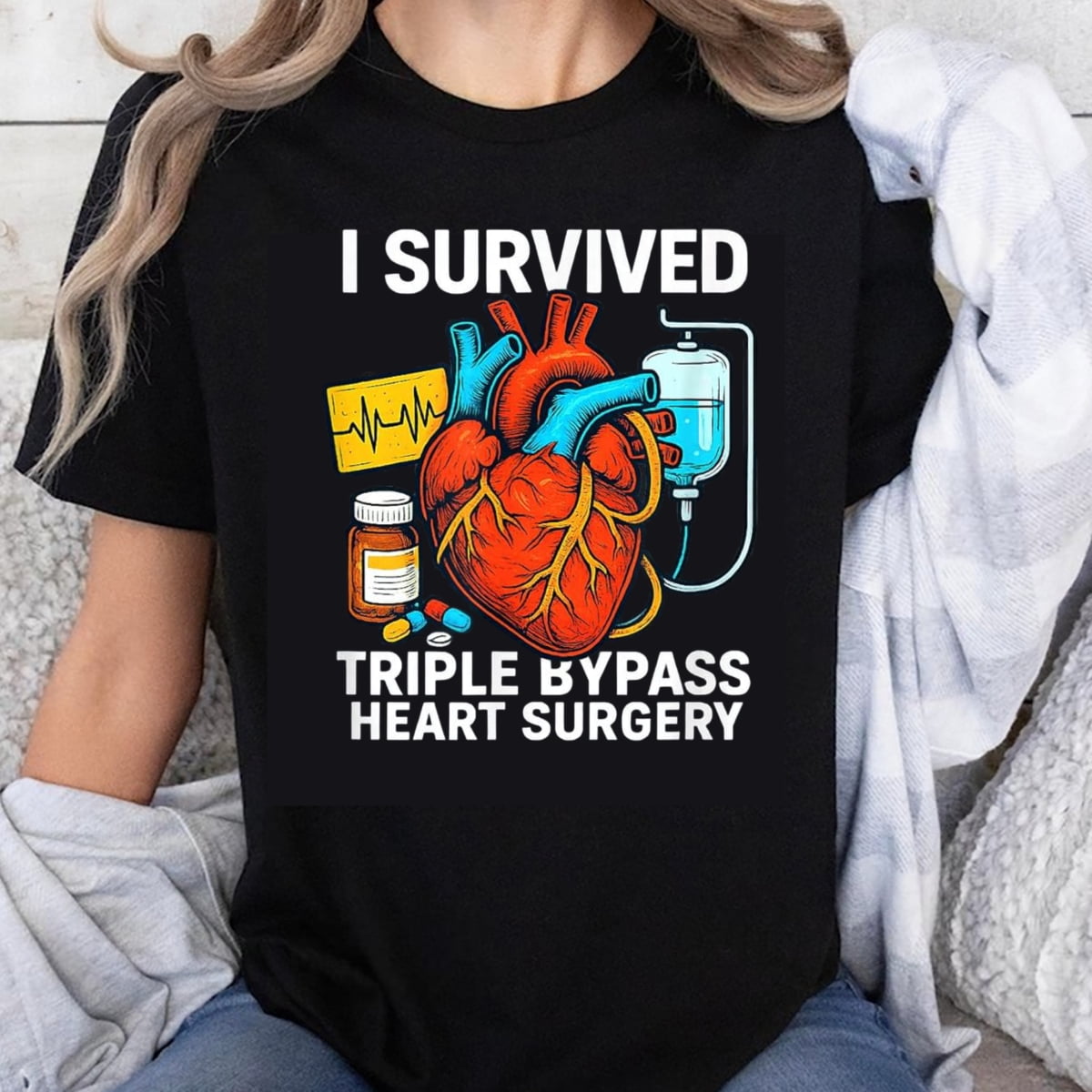 100% Cotton I Survived Triple Bypass Heart Surgery T-Shirt for Men ...