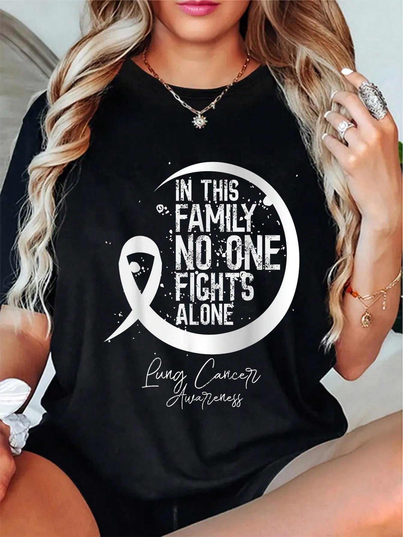 100% Cotton In This Family No One Fights Alone Lung Cancer Gift Tee T ...