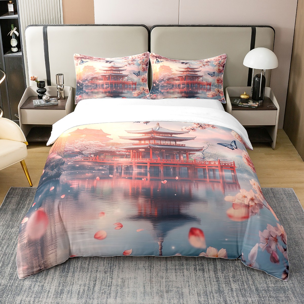 100% Cotton Japanese Bedding Set Full Size Pink Cherry Blossom ...