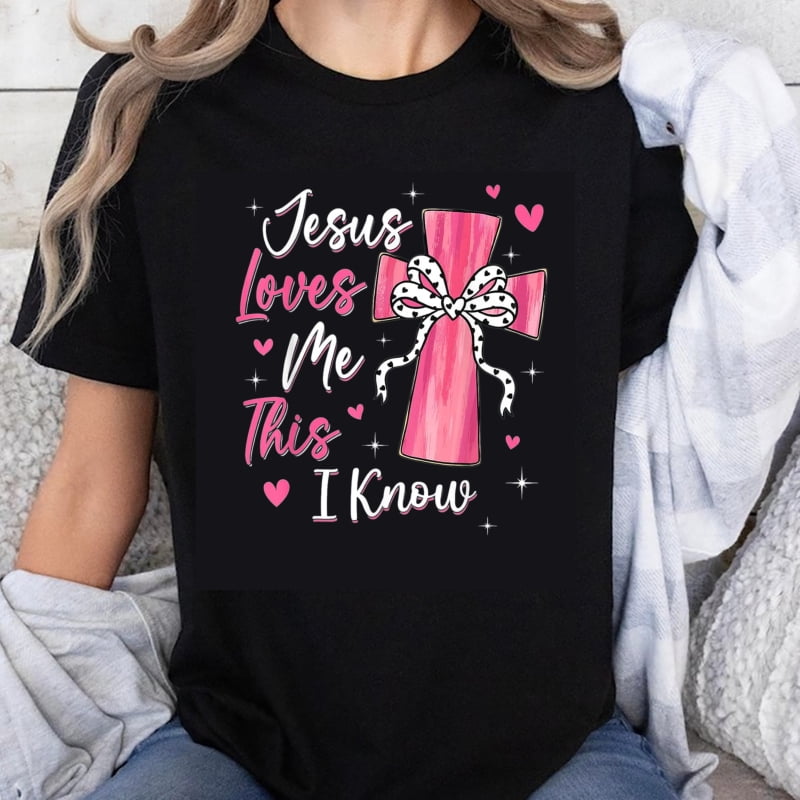 100% Cotton Jesus Loves Me This I Know Christian Cross Pink Bow Heart ...