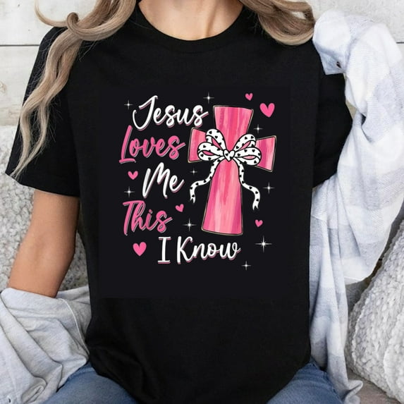 100% Cotton Jesus Loves Me This I Know Christian Cross Pink Bow Heart ...
