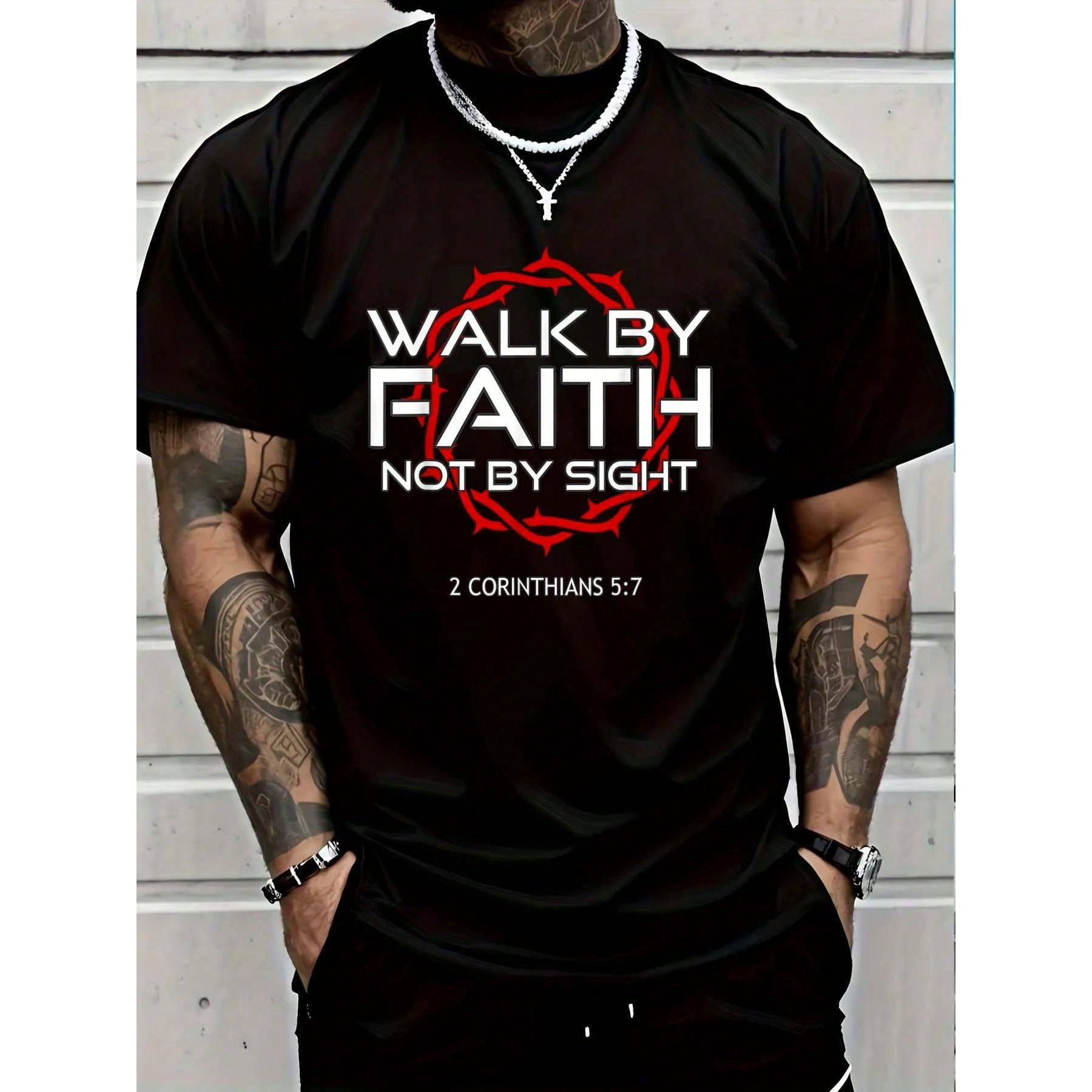 100% Cotton Jesus Walk By Faith Christian T-Shirt Round Neck Short ...
